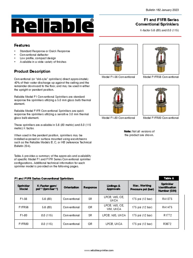 F1 and F1FR Series Conventional Sprinklers: Table A | PDF