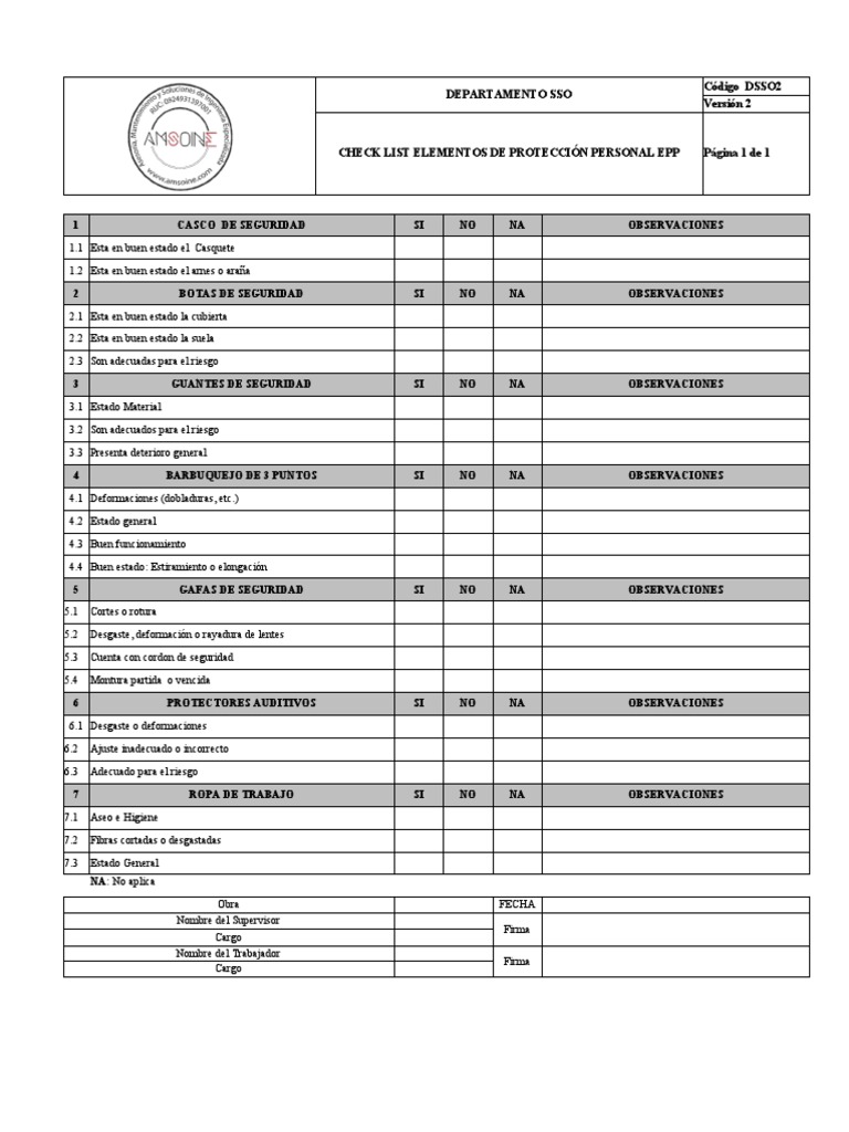 Formato Inspeccion de EPP - AMSOINE | PDF