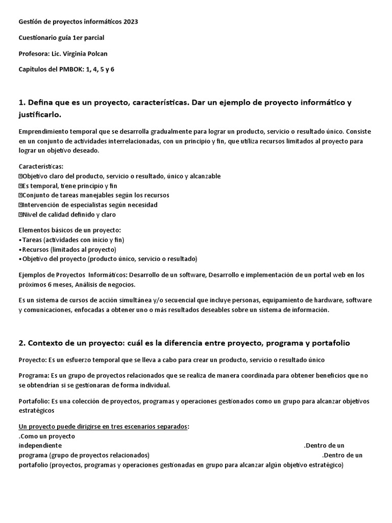 Cuestionario Guia 1er Parcial | PDF | Gestión de proyectos | Planificación