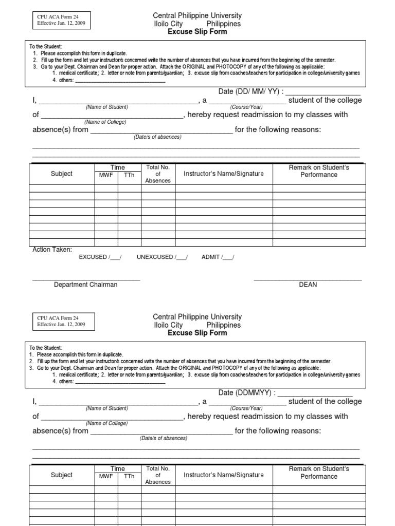 Excuse Slip Form: Central Philippine University Iloilo City Philippines ...