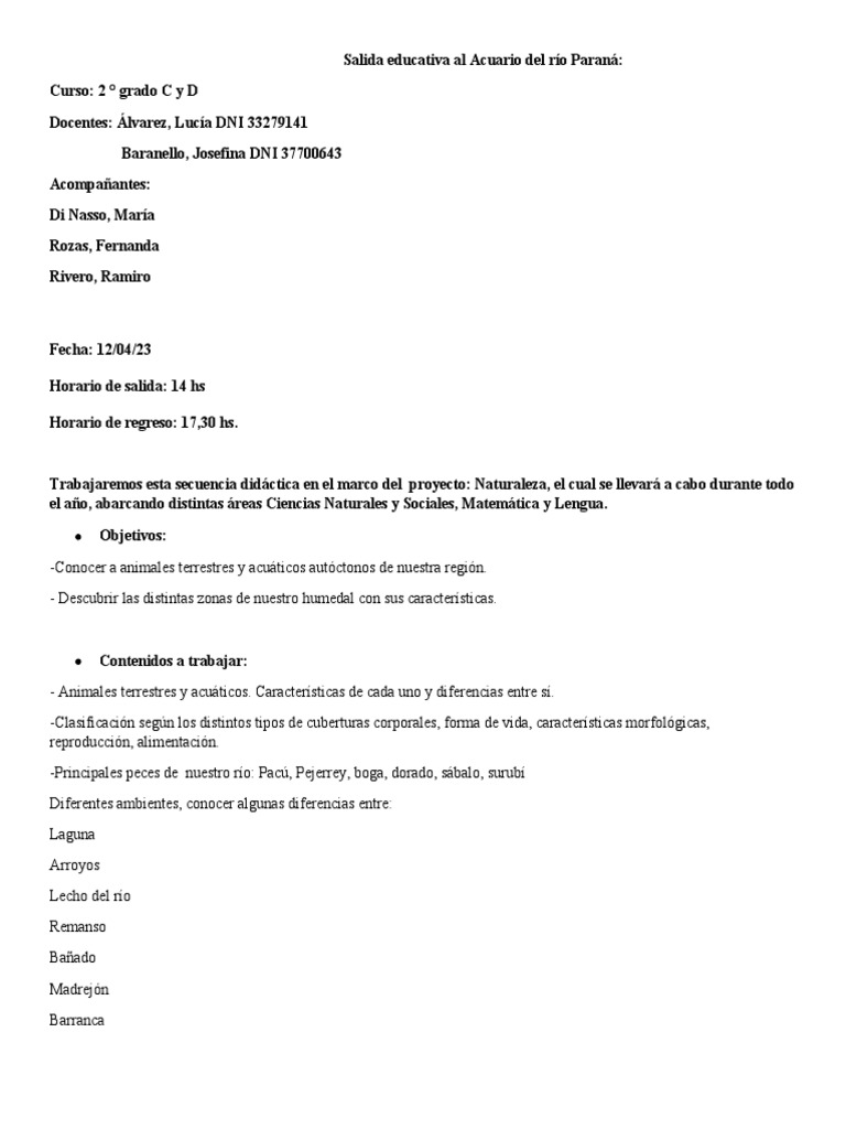 Salida Educativa al Acuario del Paraná | PDF | Estudios de idiomas ...