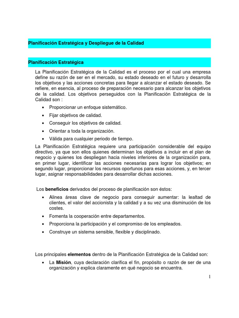 Planif. Estrat. y Despliegue Calidad | PDF | Planificación estratégica | Planificación