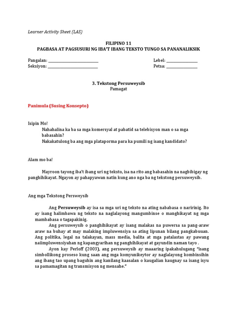 Filipino 11 Pagbasa at Pagsusuri NG Iba'T Ibang Teksto Tungo Sa ...