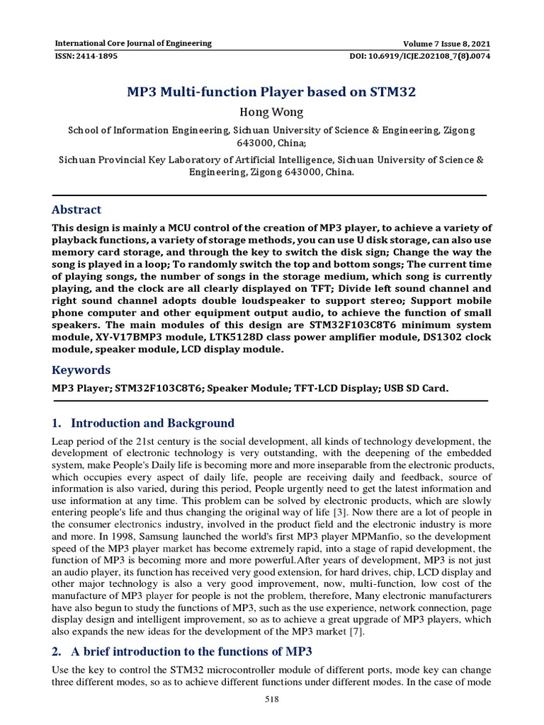 MP3 Multi-Function MP3 Player With STM32F103 AppNote ICJE-7-8-518-523 | PDF