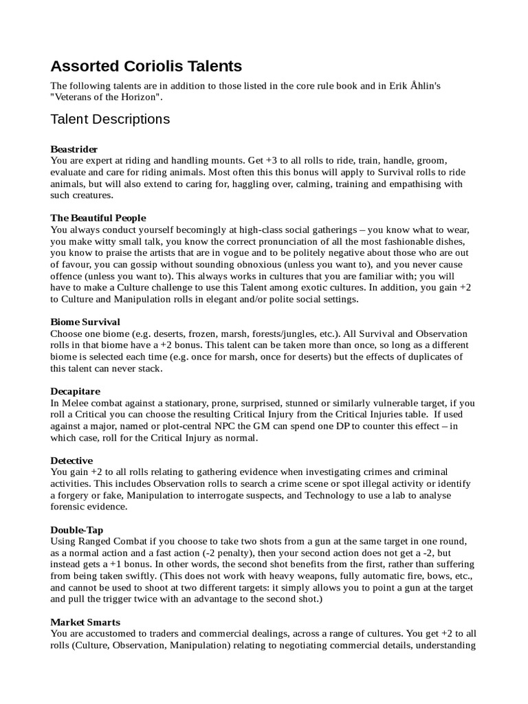Coriolis RPG: New Talents Guide | PDF
