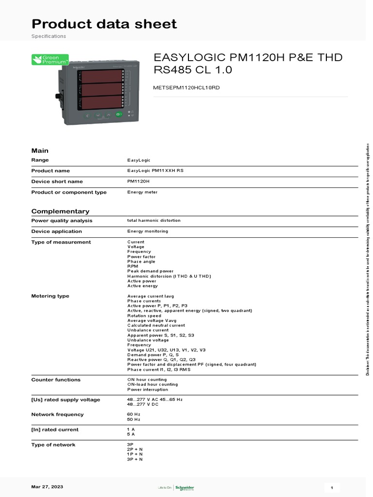Product Data Sheet: Easylogic Pm1120H P&E THD RS485 CL 1.0 | PDF | Ac ...