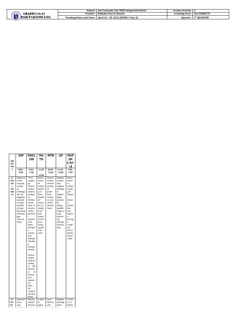 DLL - All Subjects 2 - Q4 - W1 - D2 | PDF