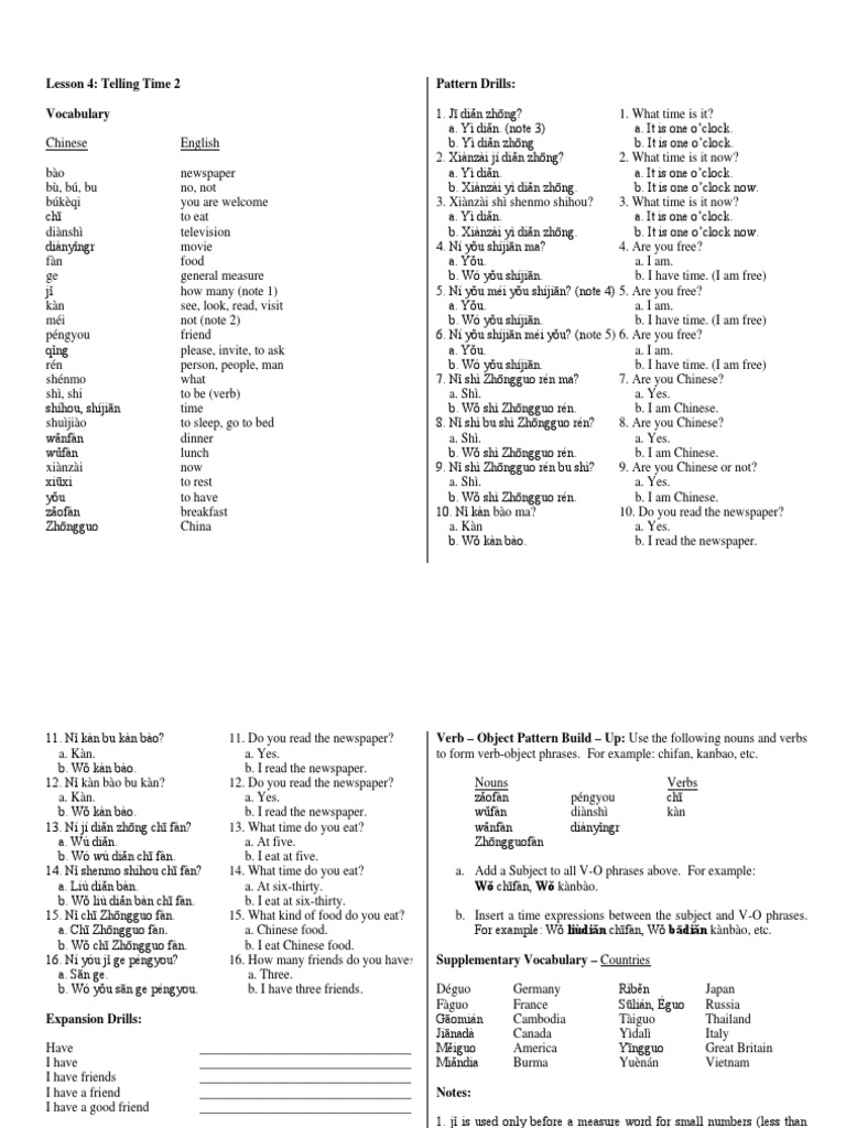 Pinyin (Mandarin) Lesson 5 - Telling Time 2 | PDF