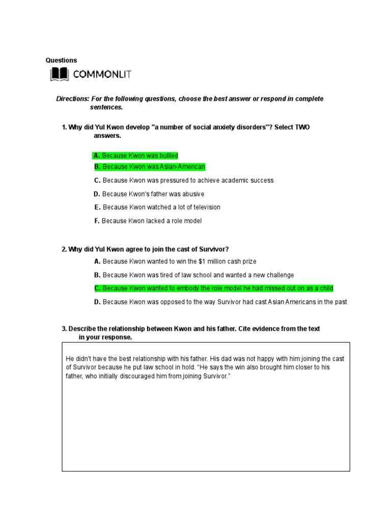 Directions: For The Following Questions, Choose The Best Answer or ...