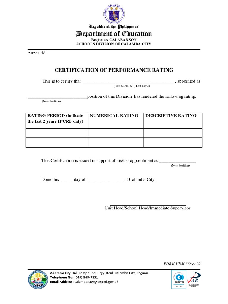 Department of Education: Certification of Performance Rating | PDF