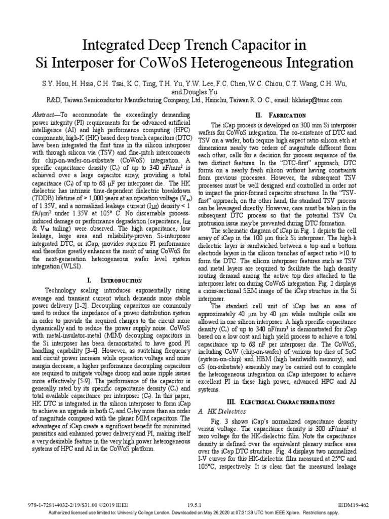 Integrated Deep Trench Capacitor in Si Interposer For CoWoS Heterogeneous Integration. | PDF ...