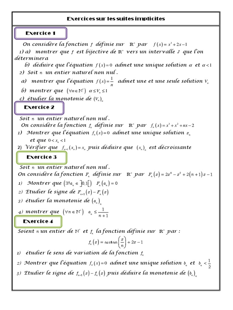 Exercices sur les suites implicites | PDF | Entier naturel | Analyse réelle
