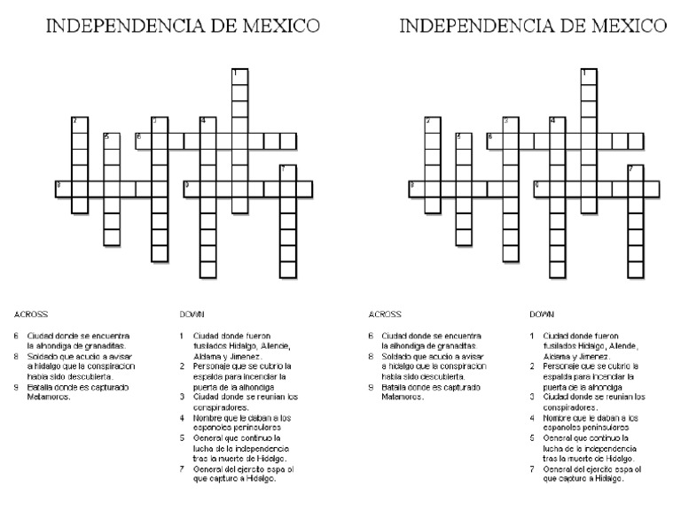 Crucigrama: Independencia De México – SIFJE