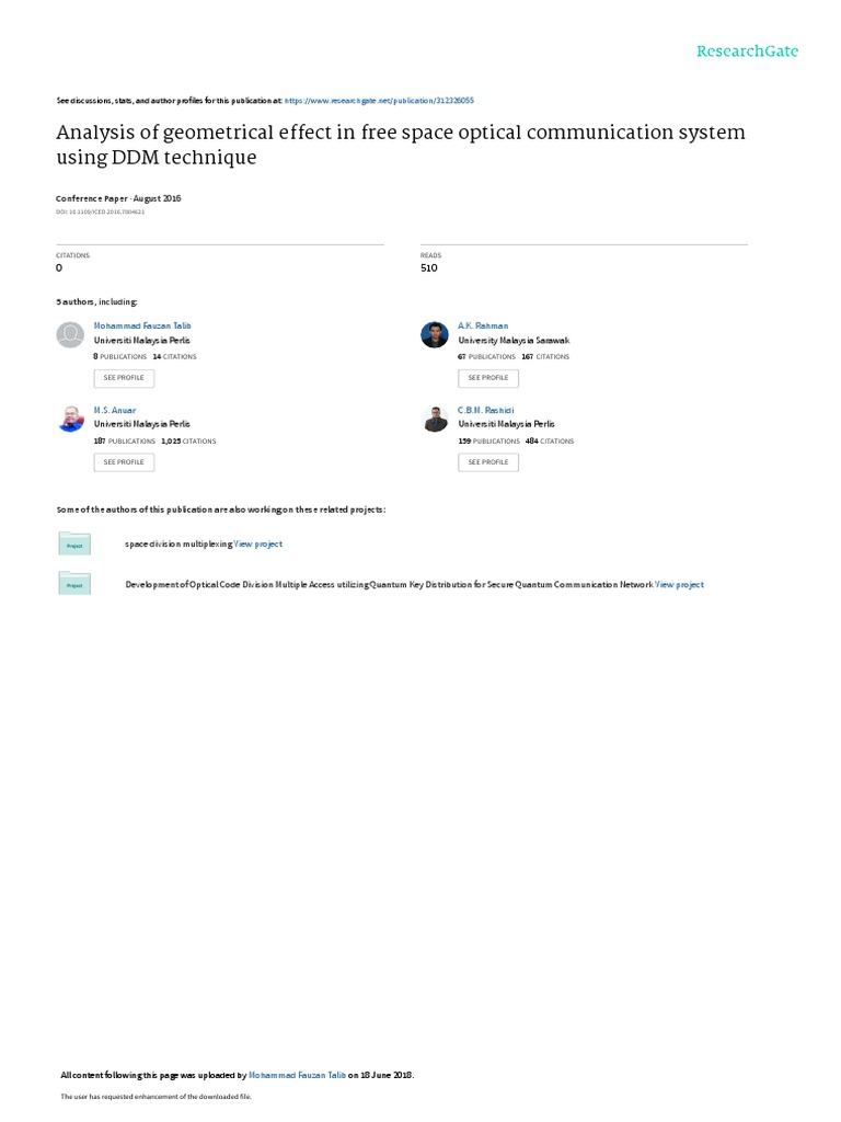 Analysisof Geometrical Effectin Free Space Optical Communication Systemusing Ddmtechnique Pdf
