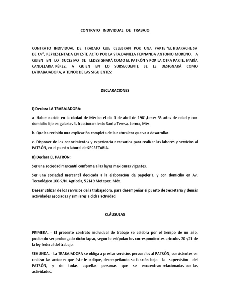 Contrato Individual de Trabajo | PDF | Salario