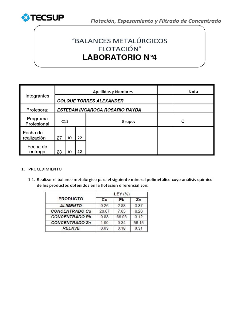 Calculos Metalurgicos Colque Torres | PDF | Materiales naturales | Sector secundario de la economía