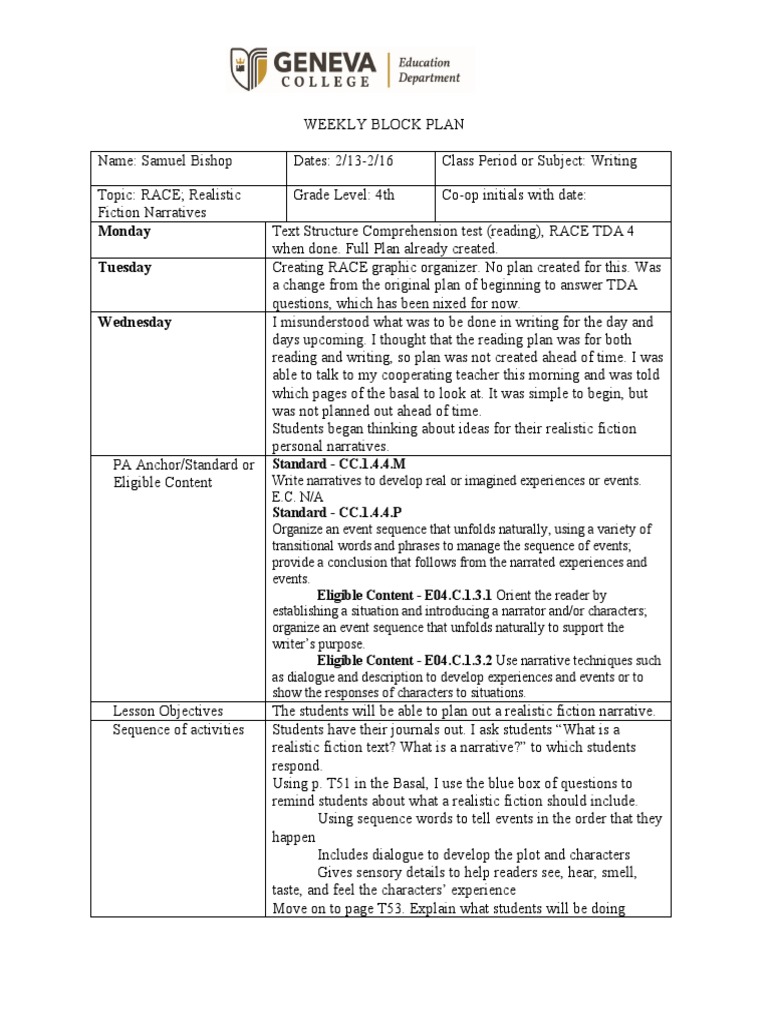 Writing Realistic Fictions Lessons | PDF | Narrative | Narration