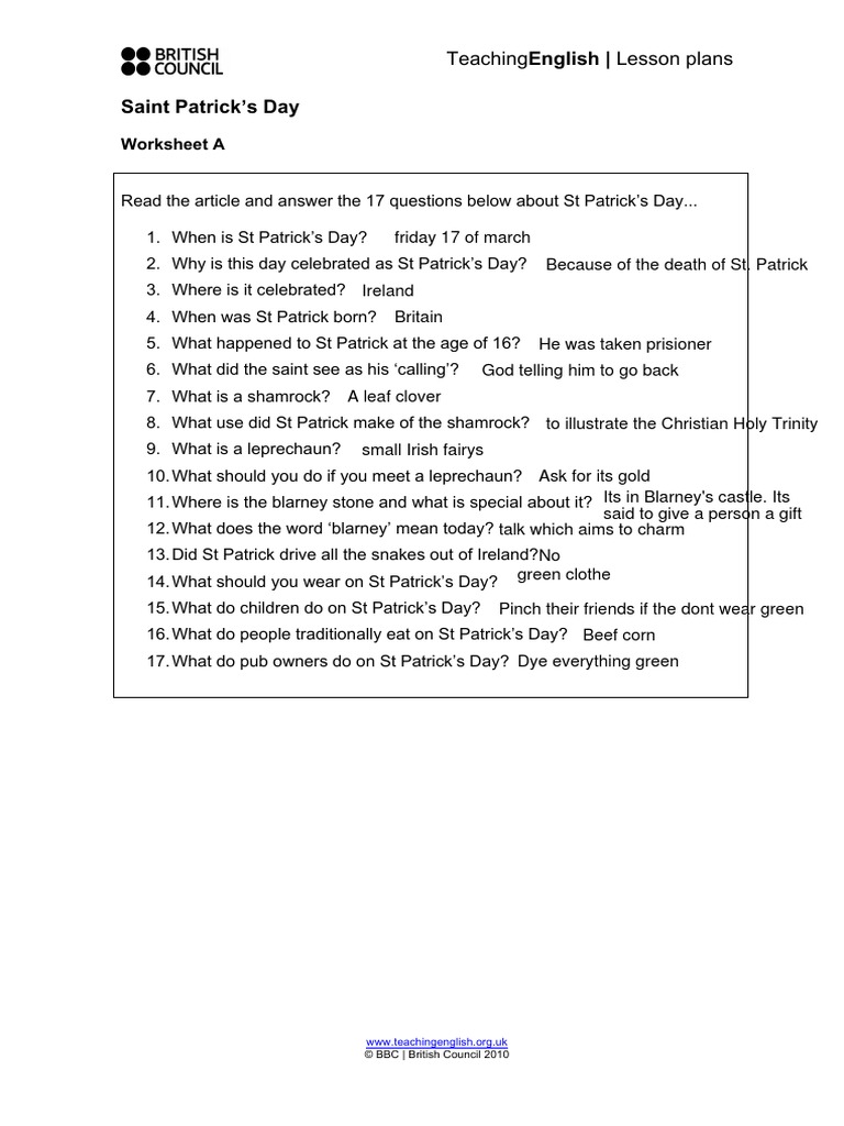 St. Patrick's Day Worksheet PDF | PDF | Saint Patrick | Leprechaun