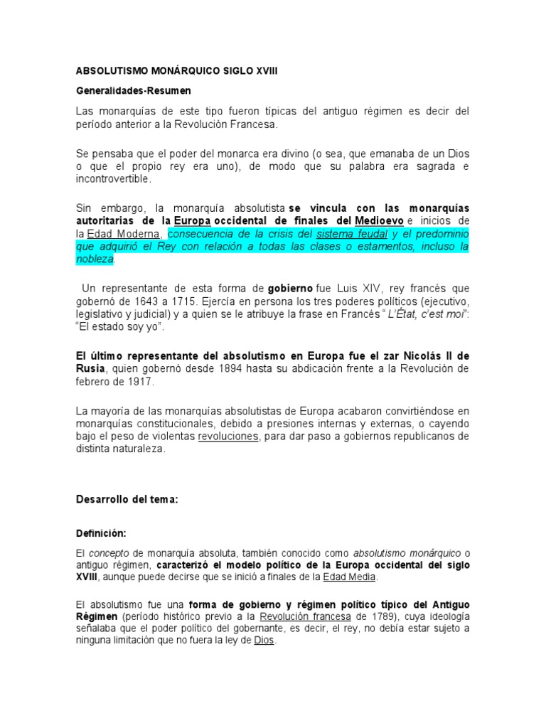 ABSOLUTISMO MONÁRQUICO SIGLO XVIII | PDF | Monarquía absoluta | Monarquía