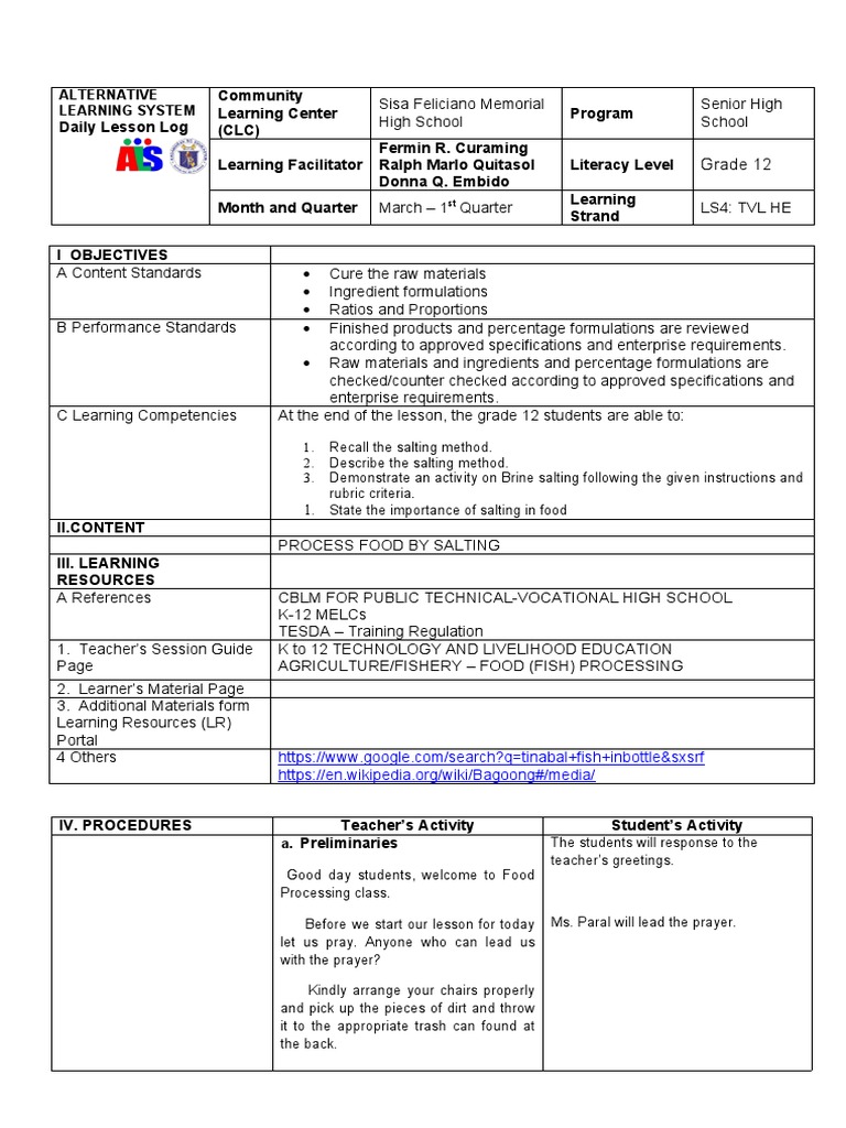 Grade 12 Food Processing: Salting Method | PDF