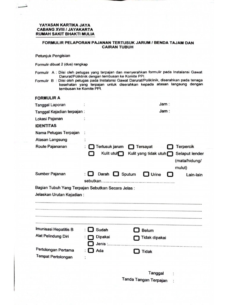 Form Pelaporan Pajanan Tertusuk Jarum Benda Tajam Dan Cairan Tubuh | PDF