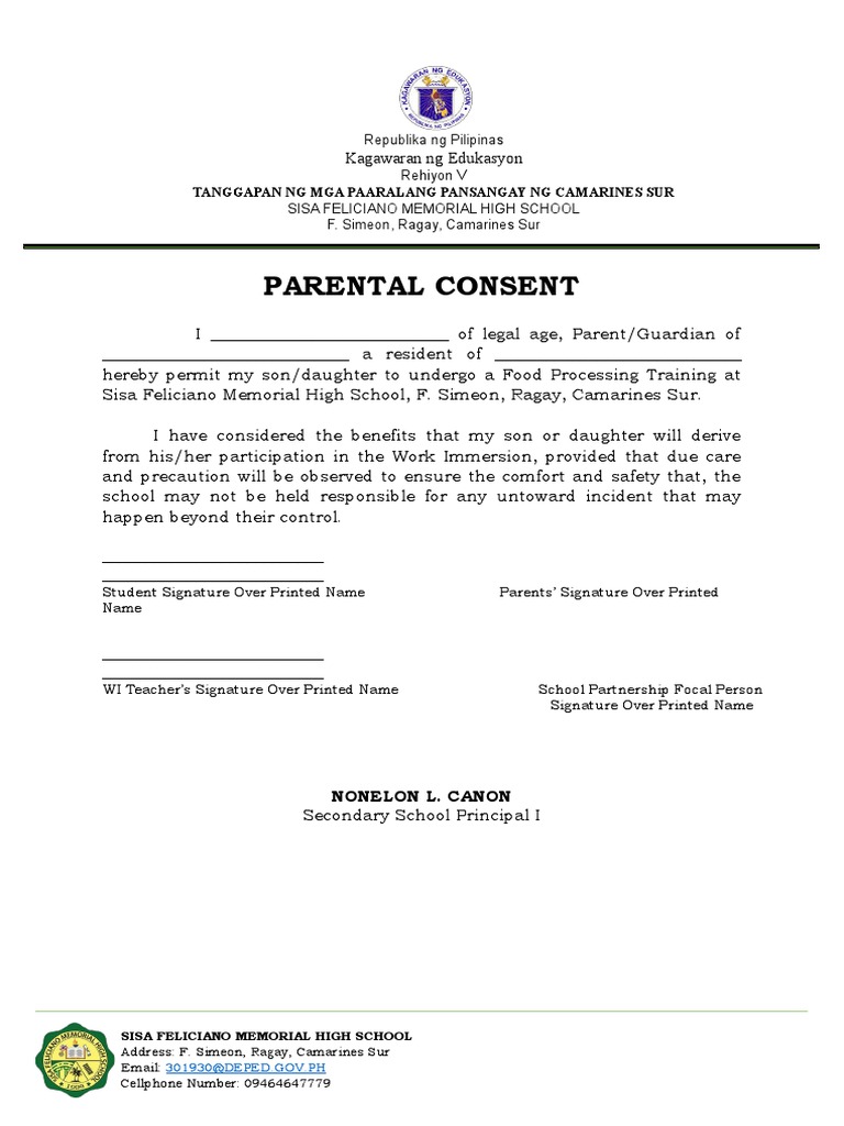 Work Immersion Parent Consent | PDF