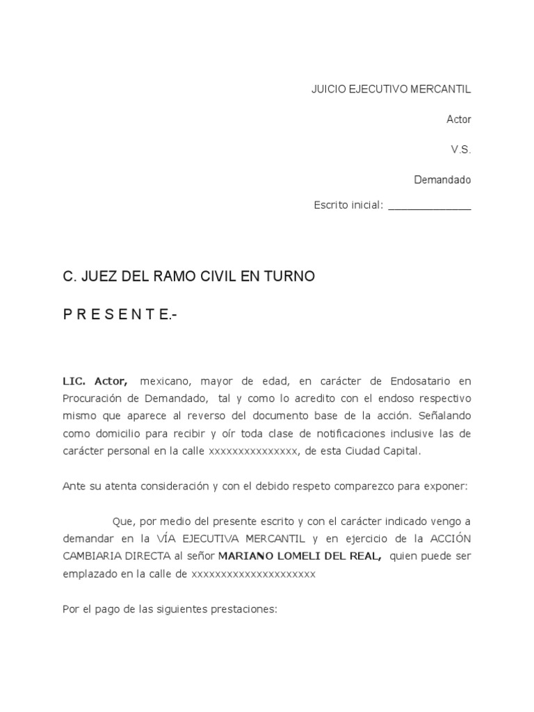 JUICIO EJECUTIVO MERCANTIL Demanda Endosatario en Procuración | PDF ...