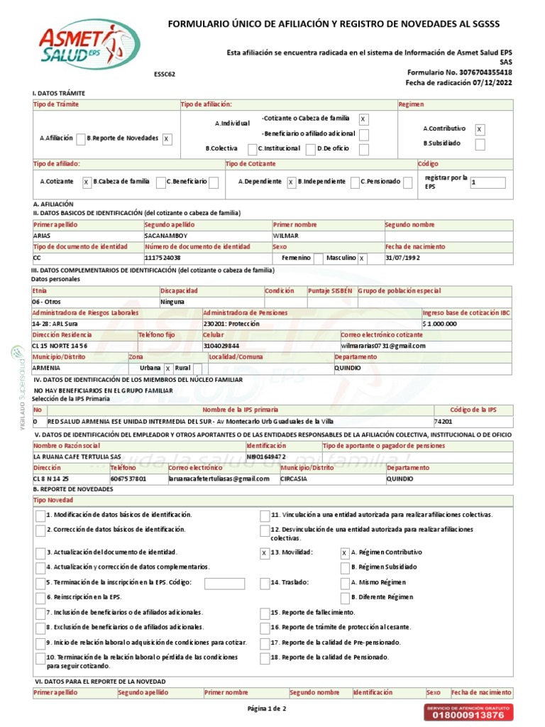 Formulario Único de Afiliación Y Registro de Novedades Al Sgsss | PDF