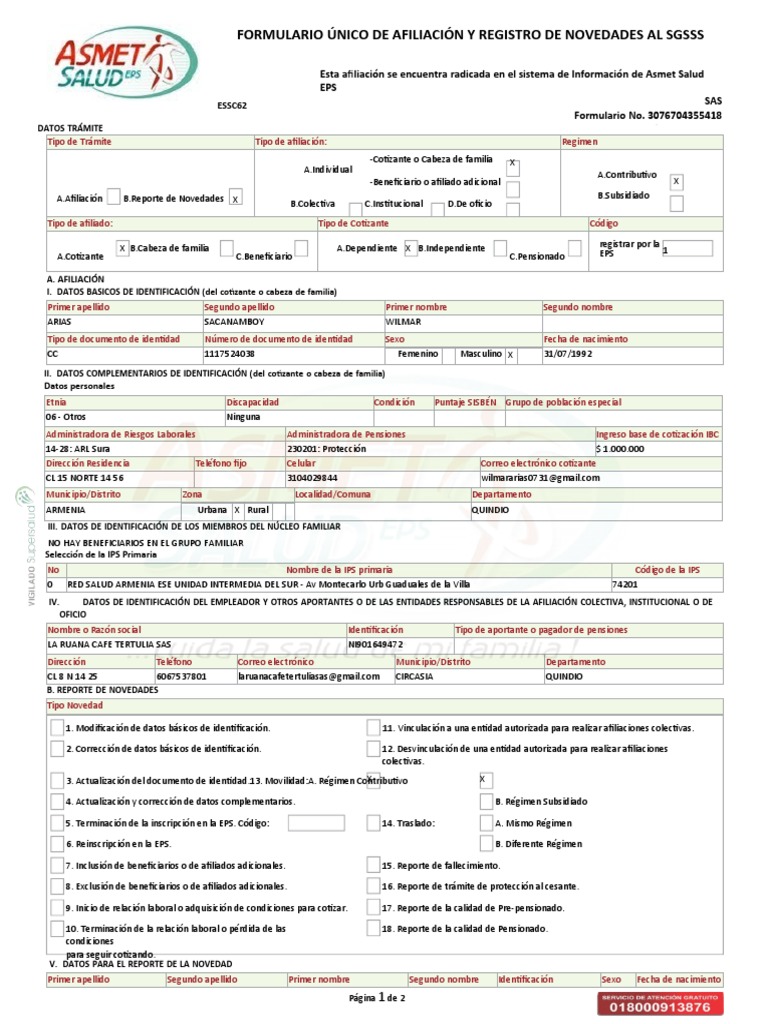 Formulario Único de Afiliación Y Registro de Novedades Al Sgsss | PDF