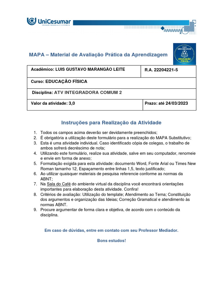 Mapa Luis Gustavo Marangao Leite Atv 2 | PDF | Trifosfato de adenosina | Difosfato de adenosina