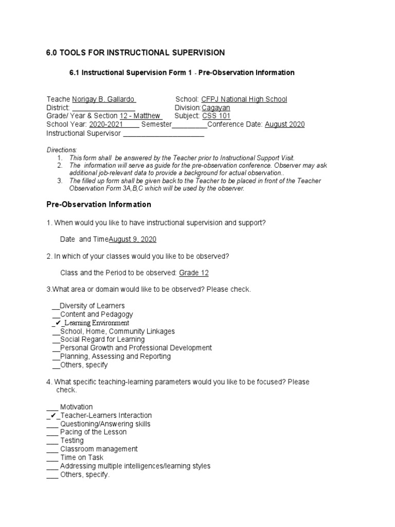 Observation Forms | PDF | Teachers | Learning