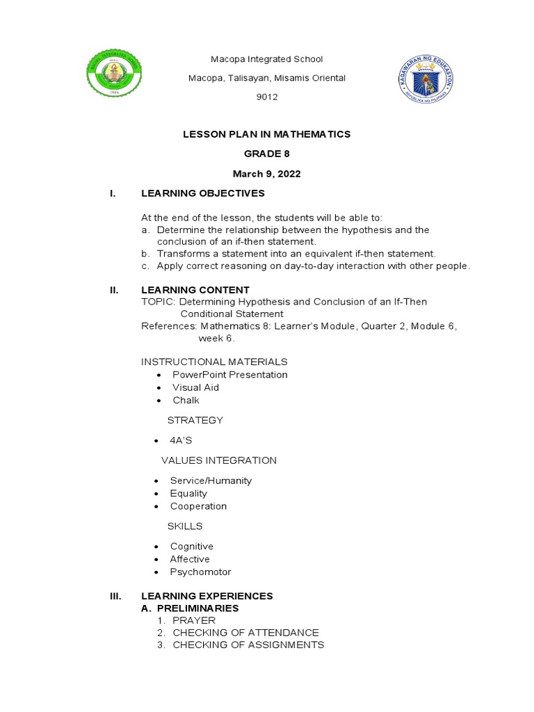 4A'S Mathematics Lesson Plan | PDF