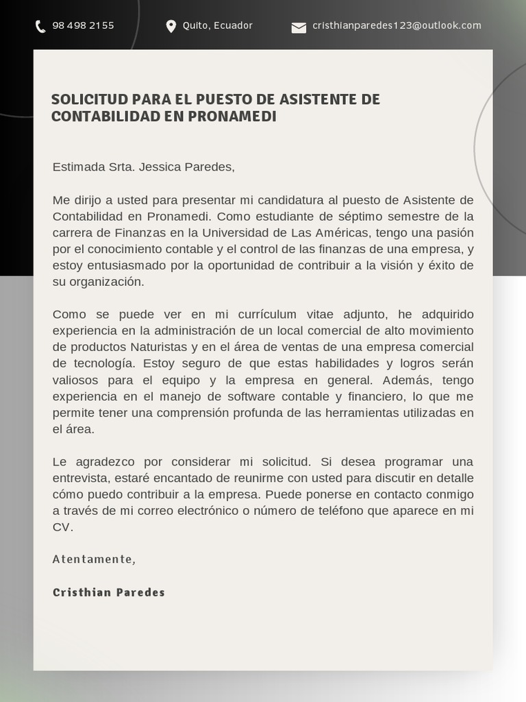 Solicitud para El Puesto de Asistente de Contabilidad en Pronamedi | PDF