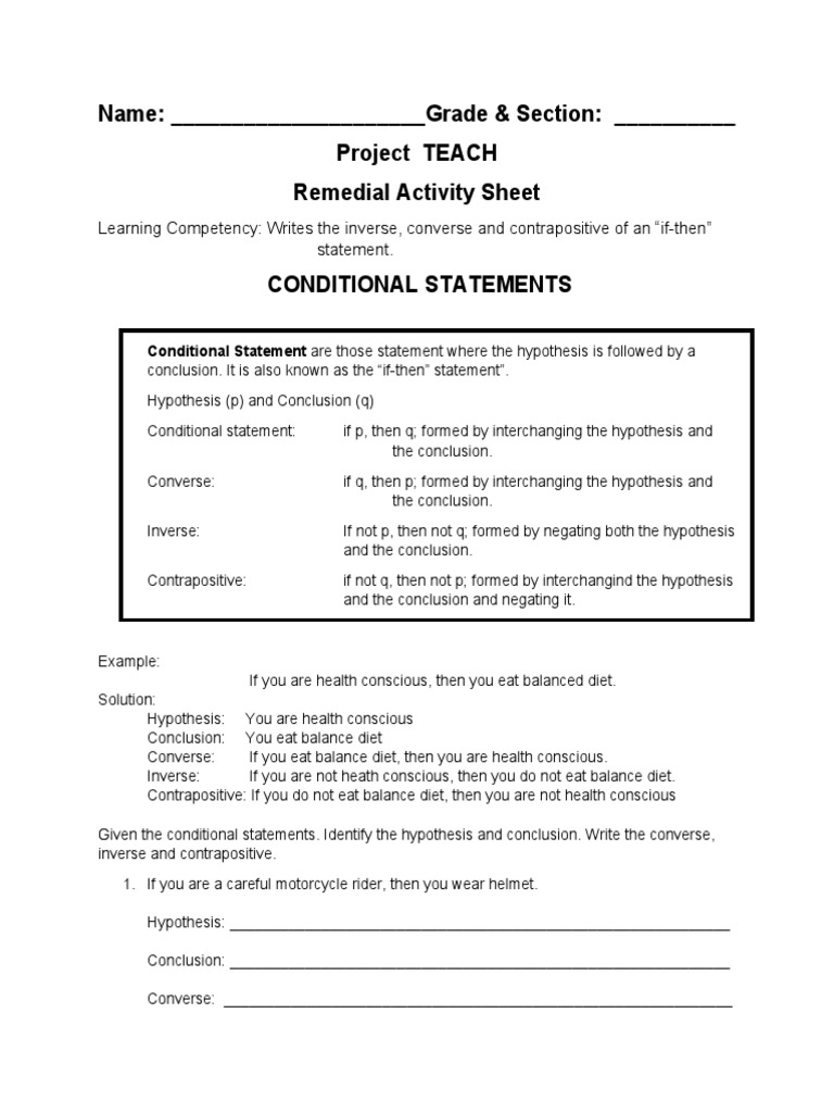 CONDITIONAL STATEMENTS Activity Sheet | PDF