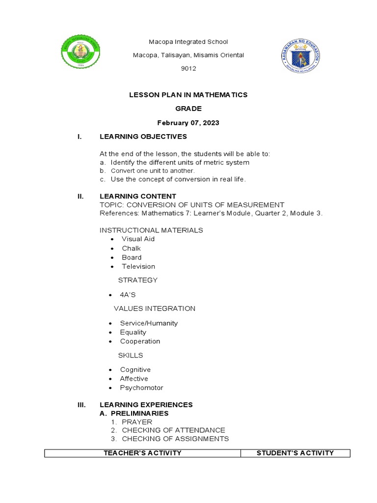 Grade 4 Measurement Conversion Lesson Plan | PDF | Measurement | Learning