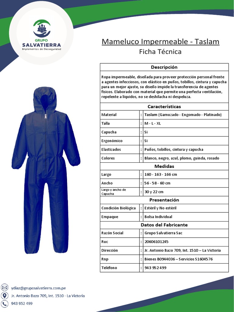 Ficha Técnica - Mameluco Impermeable (Taslam) | PDF