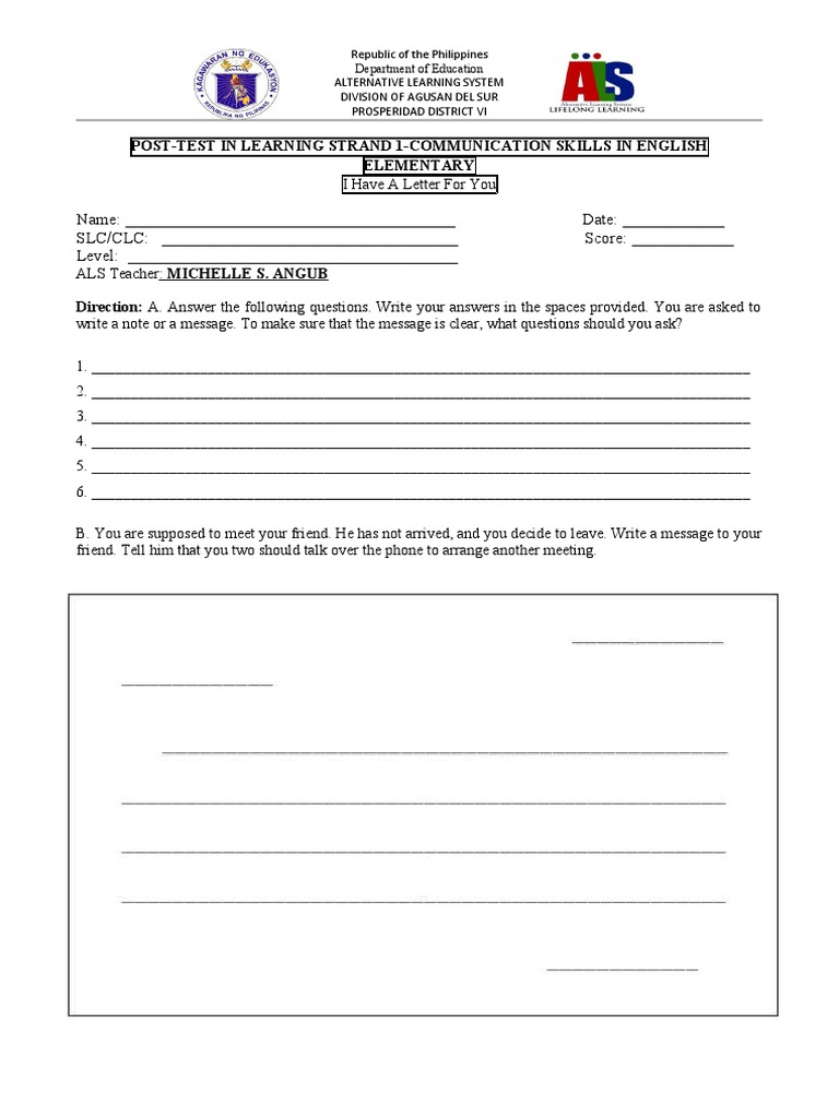 Post-Test in Learning Strand 1-Communication Skills in English ...