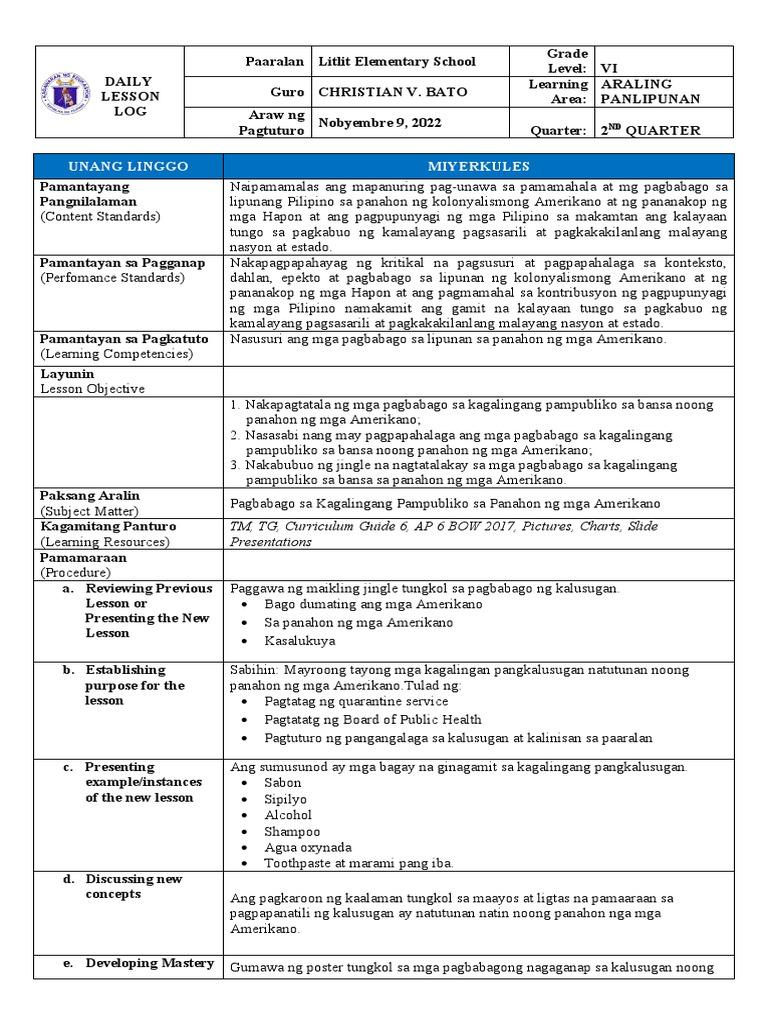 Unang Linggo Miyerkules: TM, TG, Curriculum Guide 6, AP 6 BOW 2017 ...