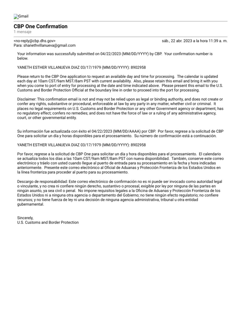 Gmail Cbp One Confirmation Pdf Aduanas Y Protección De Fronteras
