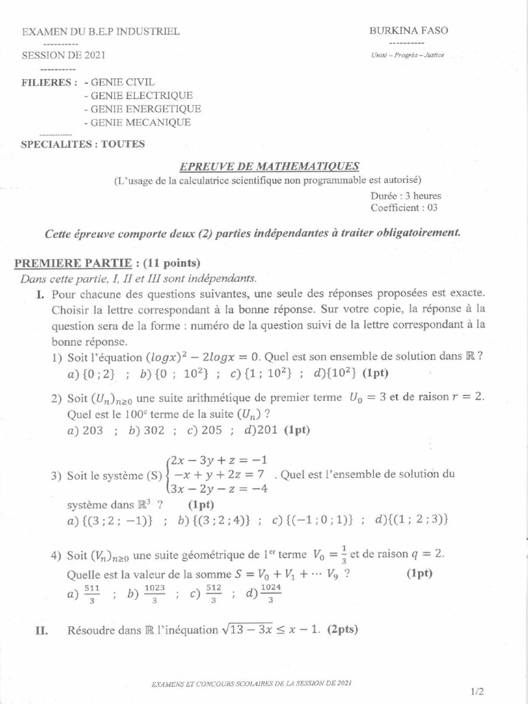 BEP Industriel 2021 - Maths | PDF