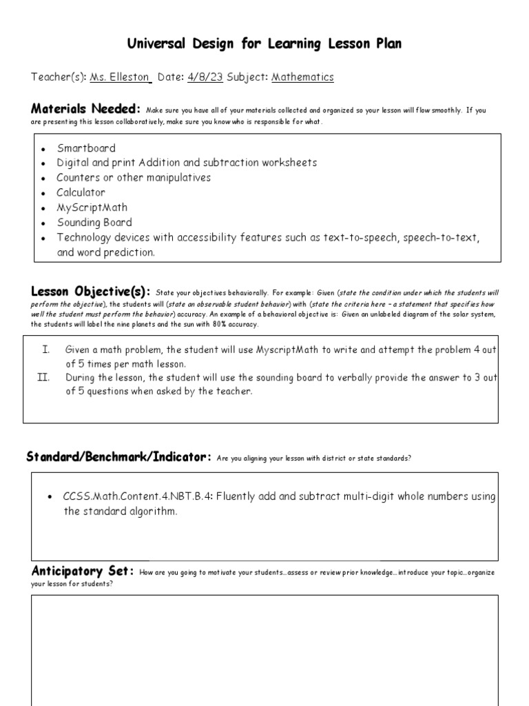 Sped 406 Udl Lesson Plan Nakeisha Elleston | PDF | Mathematics | Worksheet