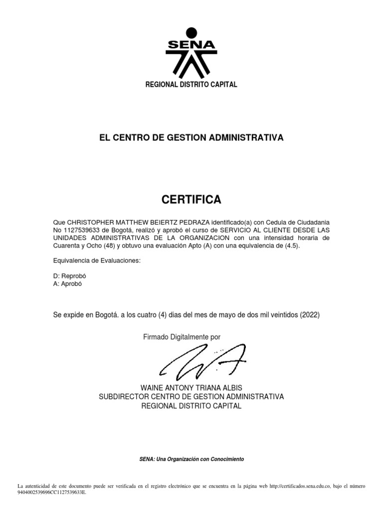 Certificado Sena | PDF