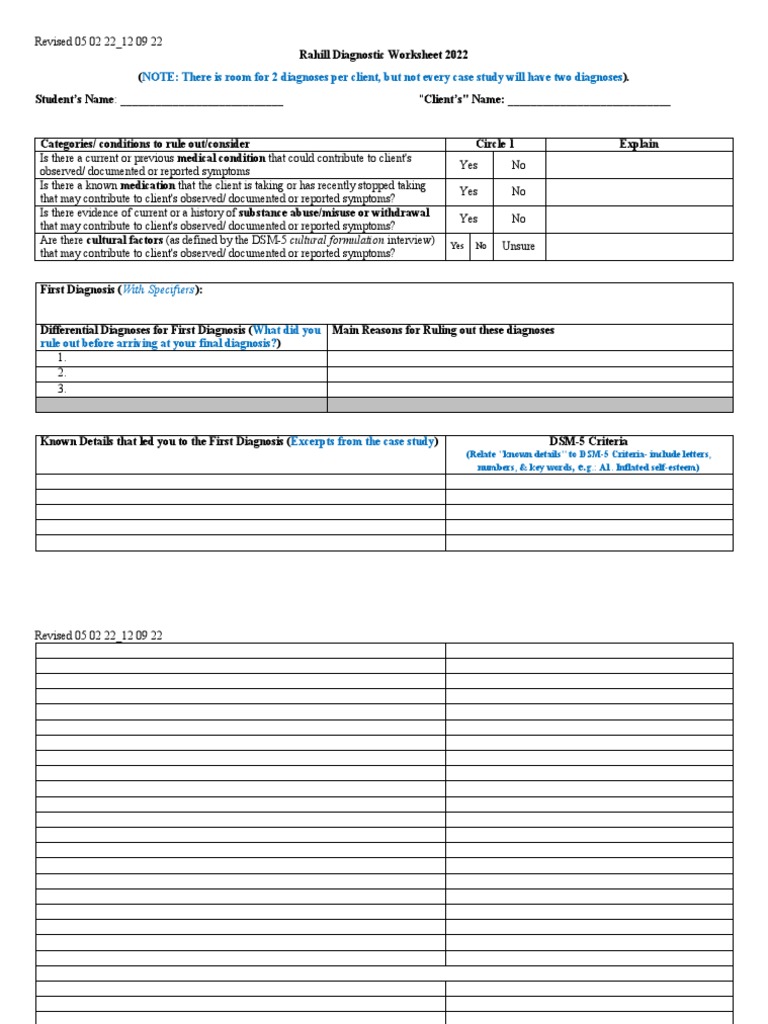 Diagnostic Worksheet for Client Assessment | PDF | Medical Diagnosis ...