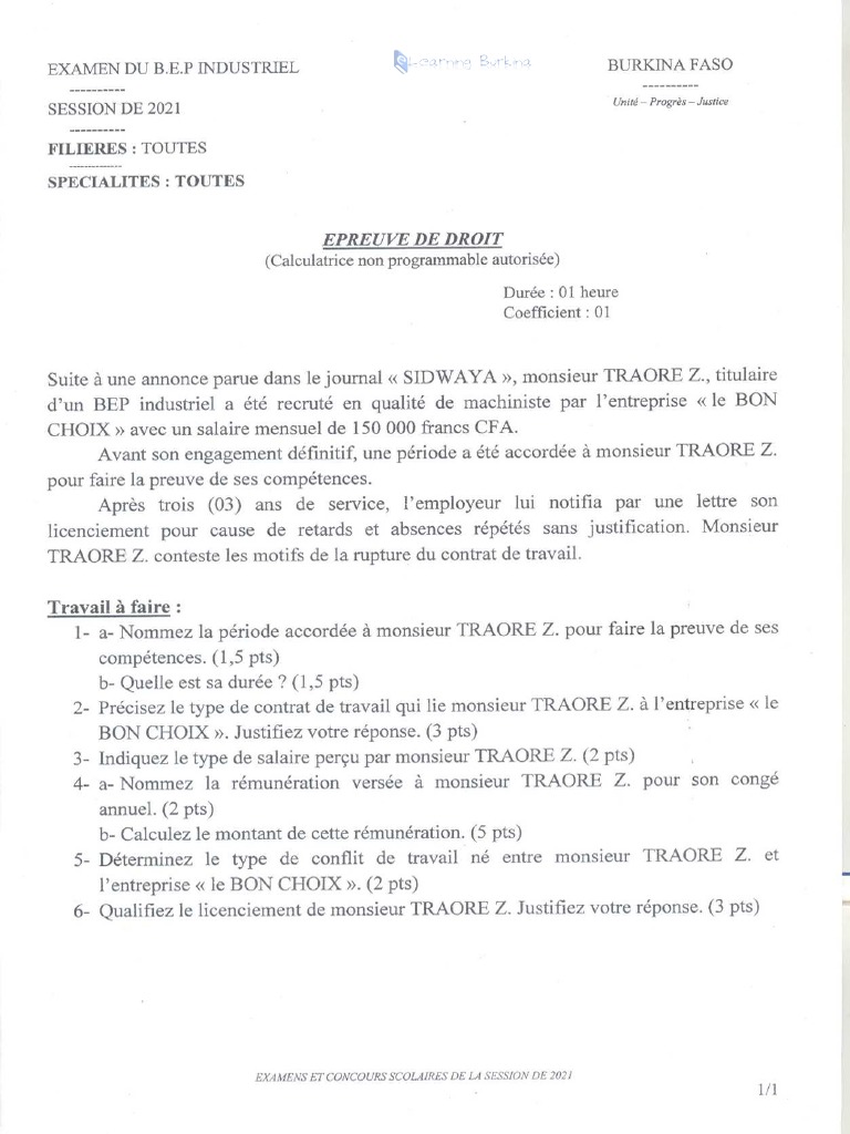 BEP Industriel 2021 - Droit | PDF