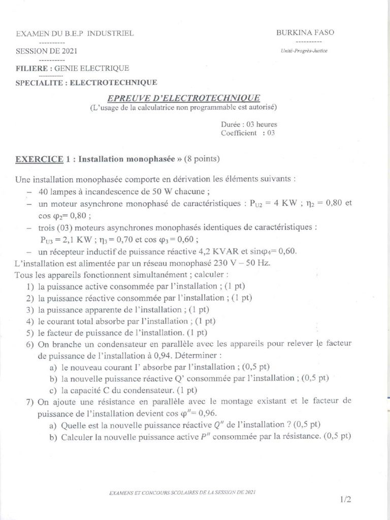 BEP Industriel 2021 - Electrotechnique | PDF