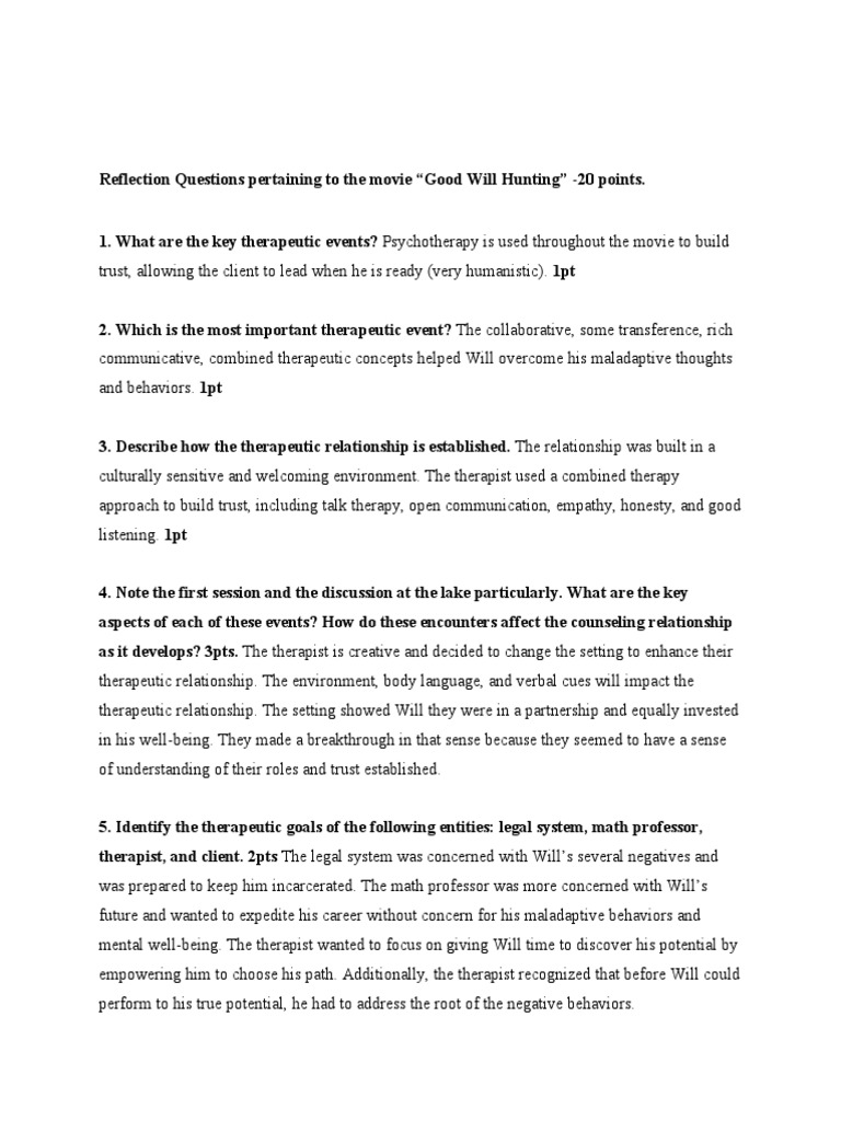 Reflection Questions - Good Will Hunting - Gilzene 2.19.23 | PDF ...