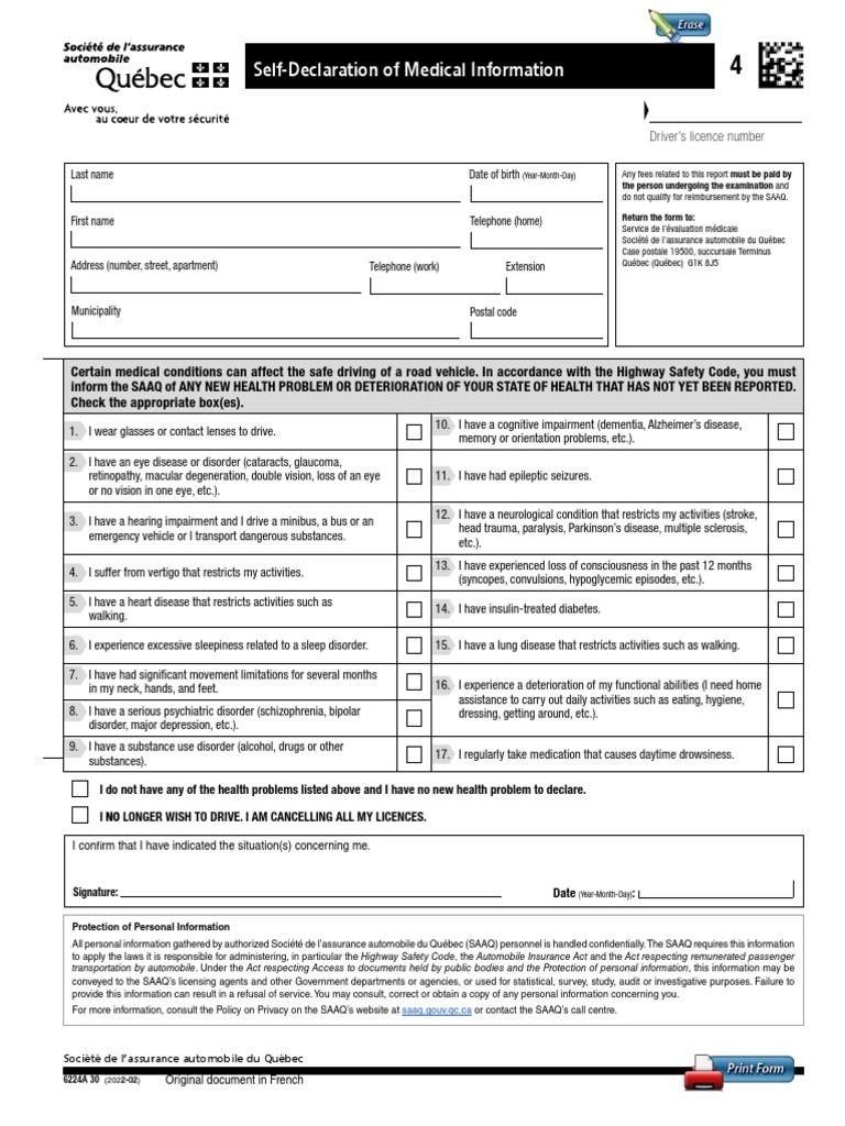 SAAQ Medical Self-Declaration Form | PDF | Mental Disorder | Dementia