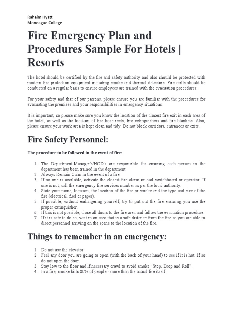 Fire Emergency Plan and Procedures Sample For Hotels - Resorts | PDF