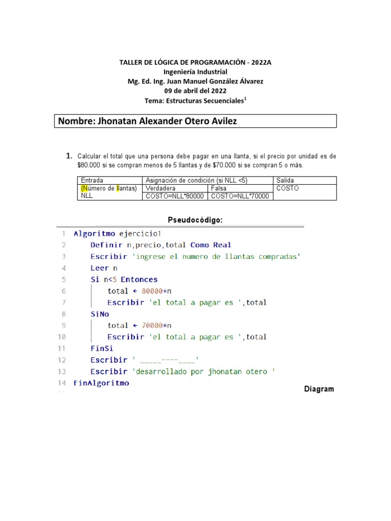 Ejercicio de Logica de Programacion Jhonatan Otero | PDF