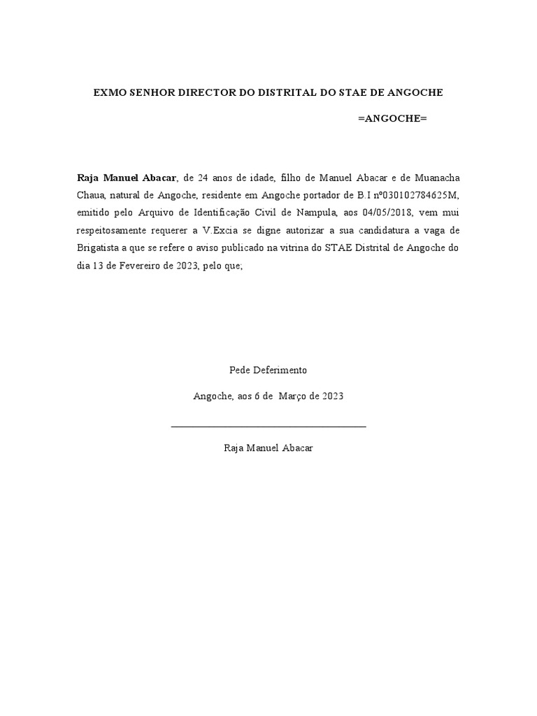 Exmo Senhor Director Do Distrital Do Stae de Angoche Angoche | PDF
